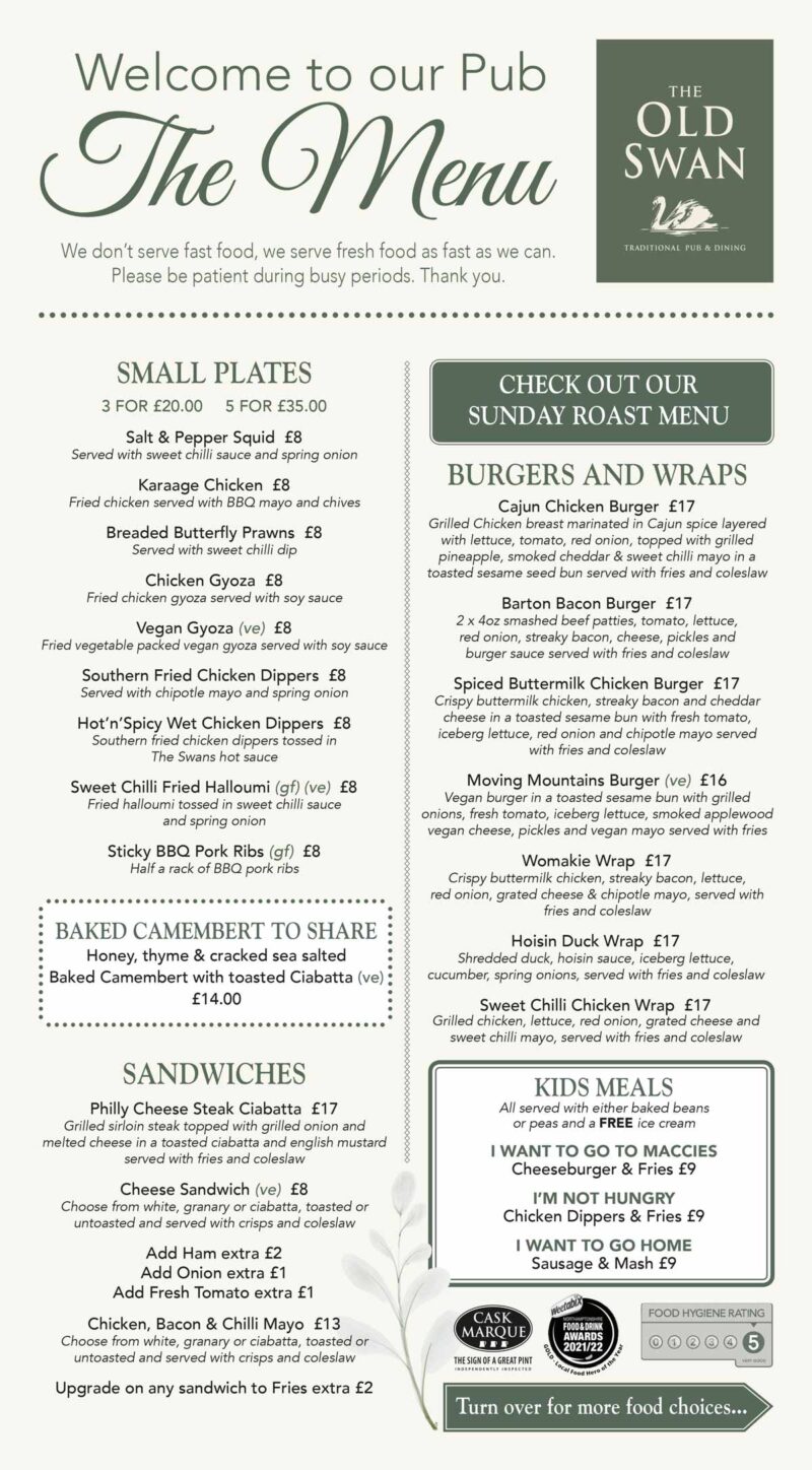 The Old Swan, Earls Barton. Ales, Pub Food, Sunday Lunches, Live Music